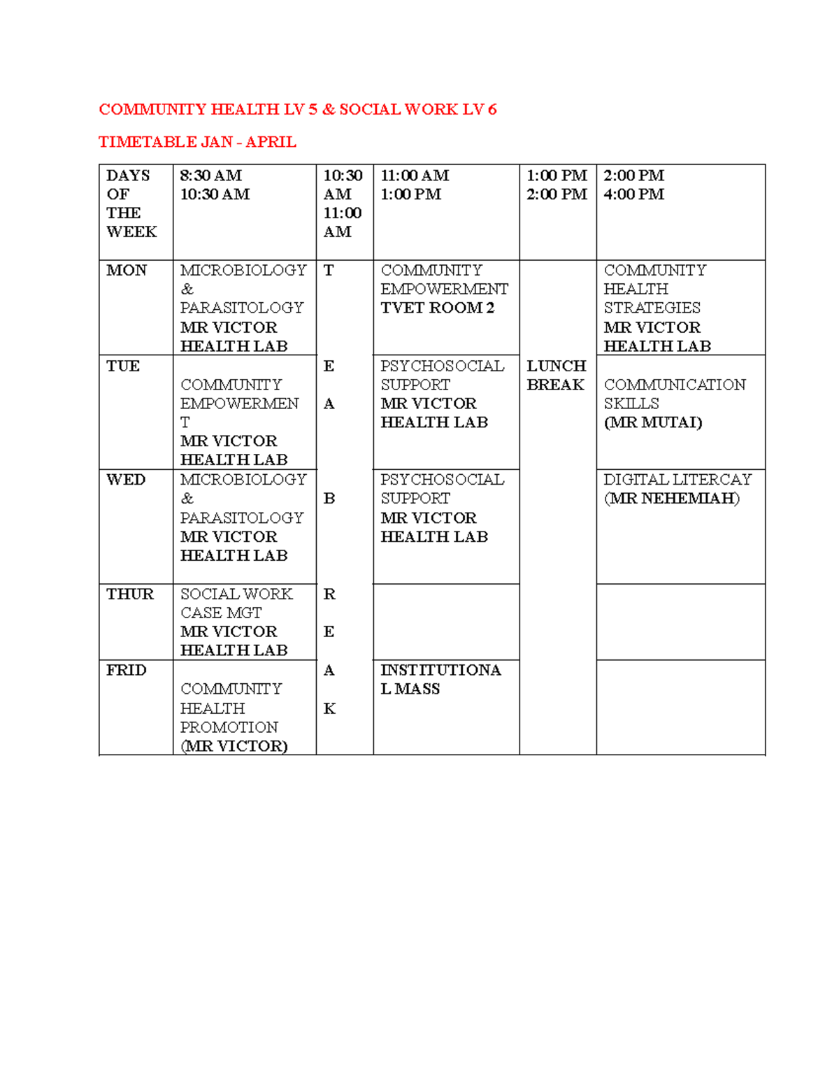 Community Health LV 5 & Social Work LV 6 Timetable (Jan-Apr) - Studocu