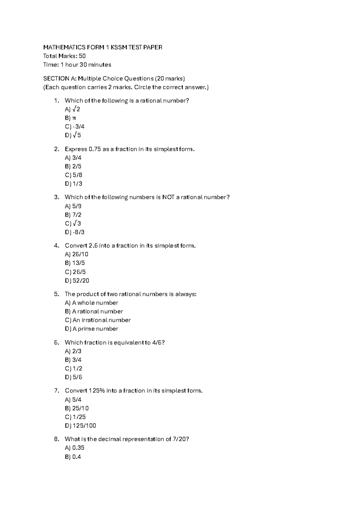 Mathematics Form 1 KSSM Test Paper: Rational Numbers & Problem Solving ...