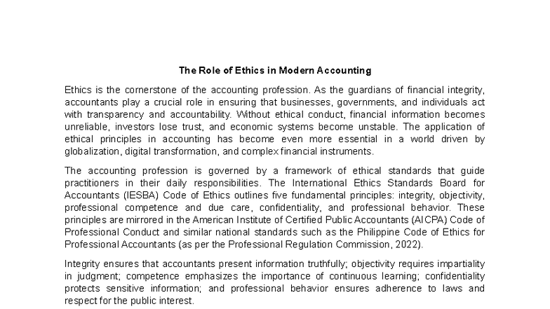 The Importance of Ethics in Modern Accounting Practices - Studocu