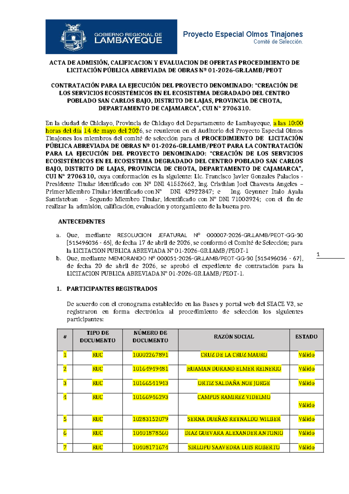 Acta de Admisión y Evaluación de Ofertas - Licitación Pública Nº CUI ...