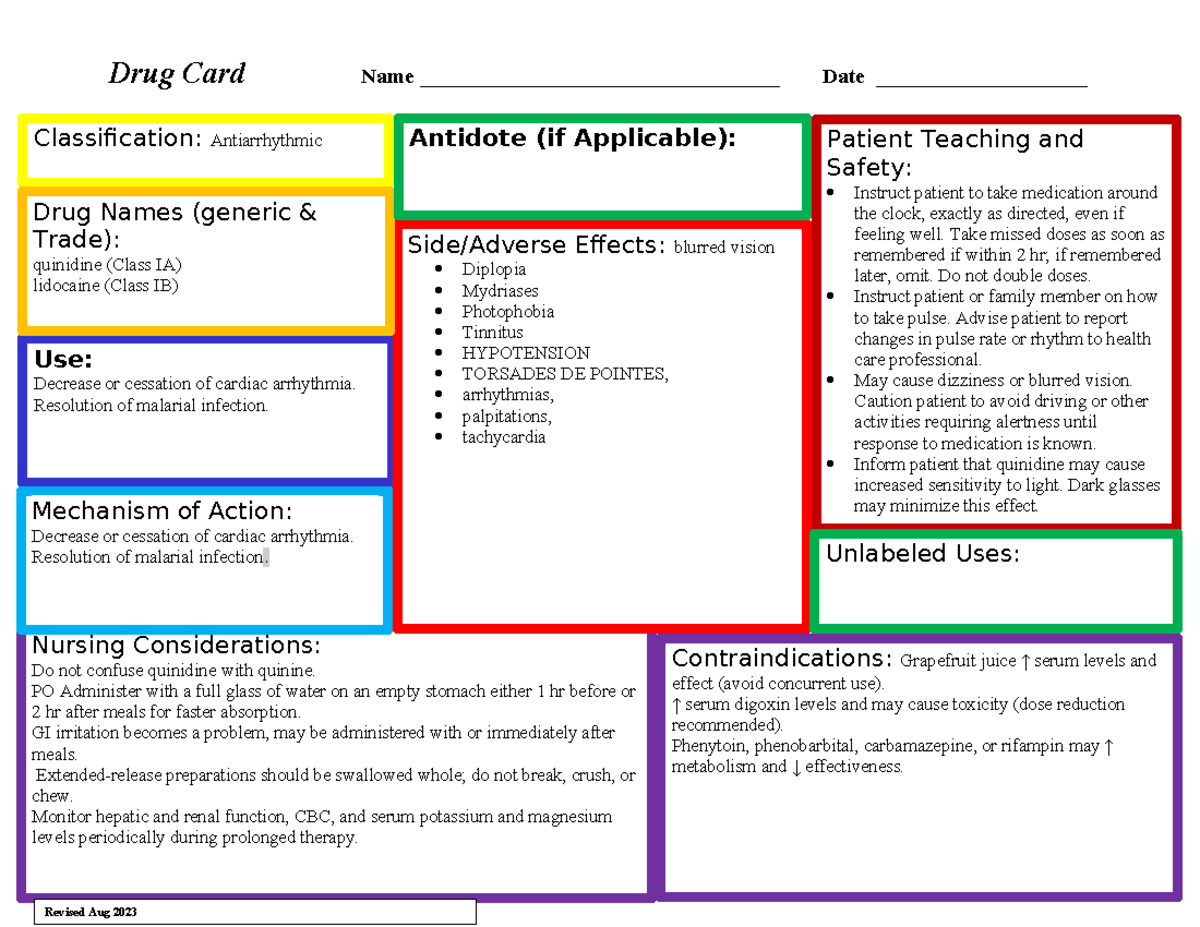 Antiarrhythmic Drug Card - Patient Teaching & Nursing Considerations ...