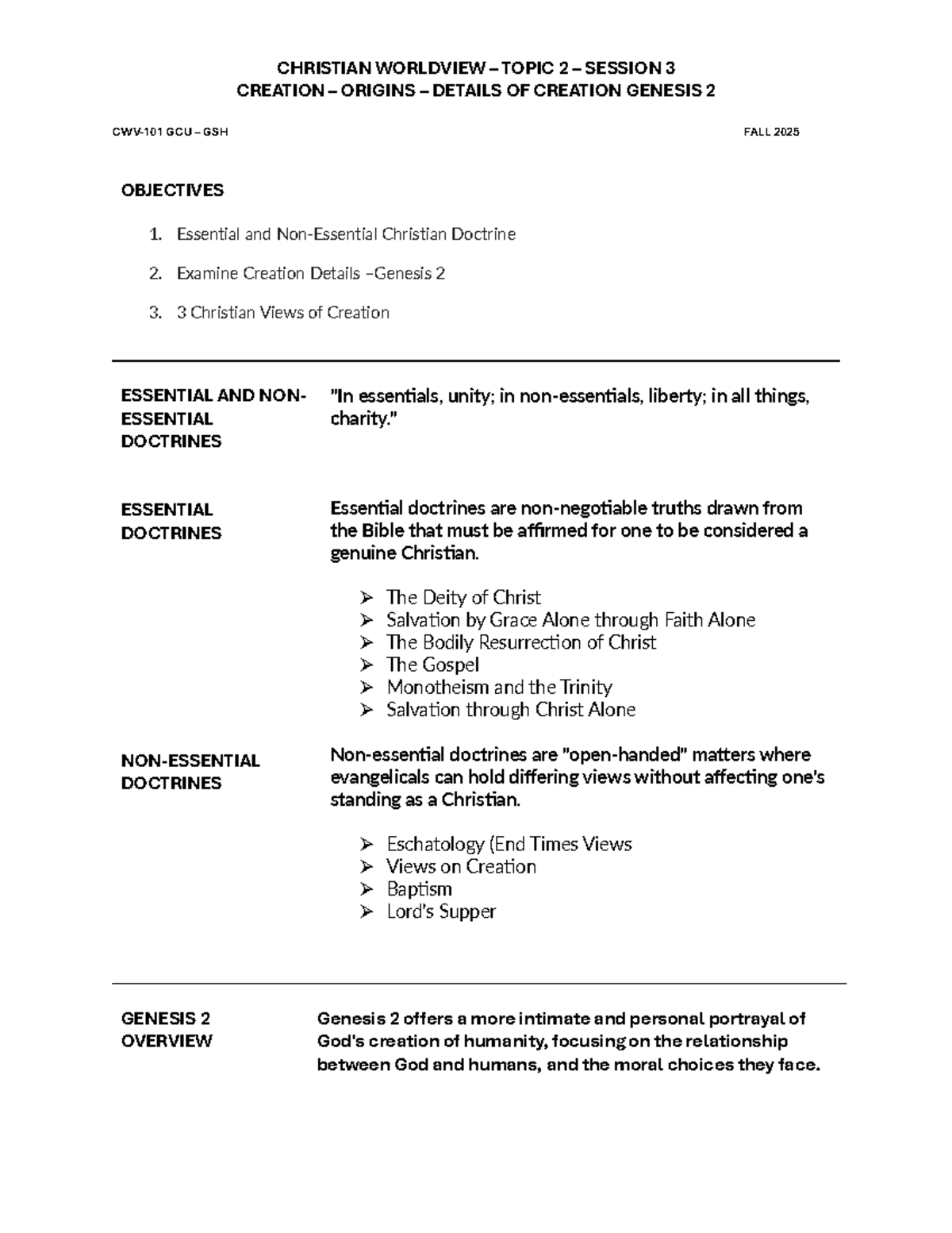 Christian Worldview: Creation Origins & Genesis 2 Details (CWV-101 GCU ...