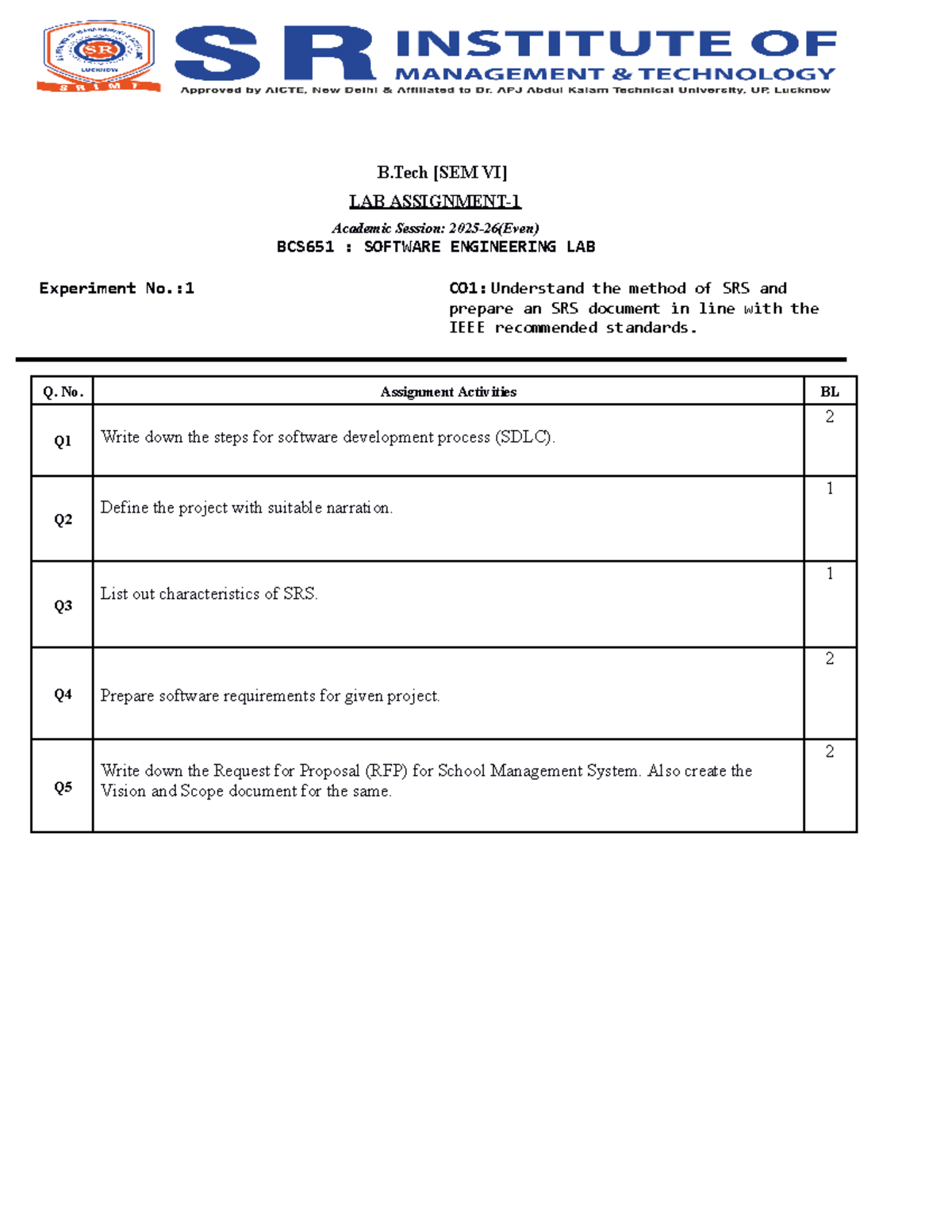 BCS651 Software Engineering Lab: SRS & SDLC Assignment 01 - Studocu