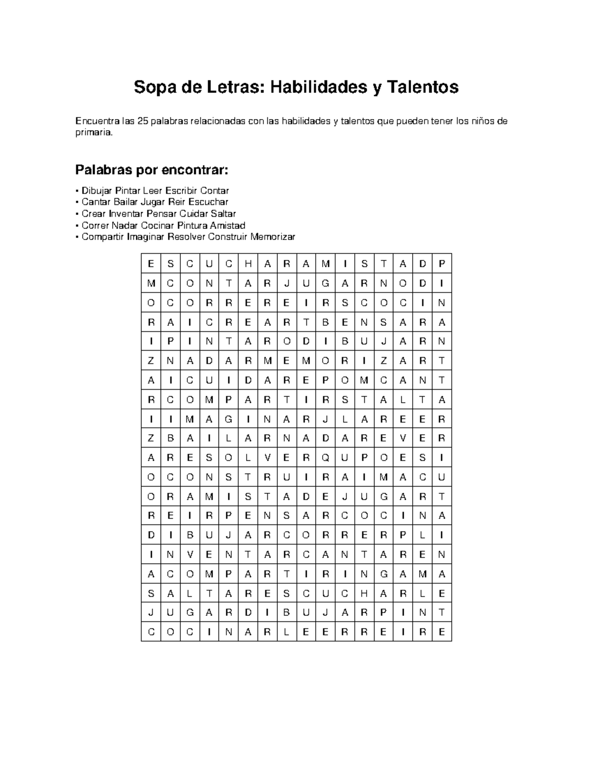 Sopa de Letras: Palabras sobre Habilidades y Talentos - Studocu