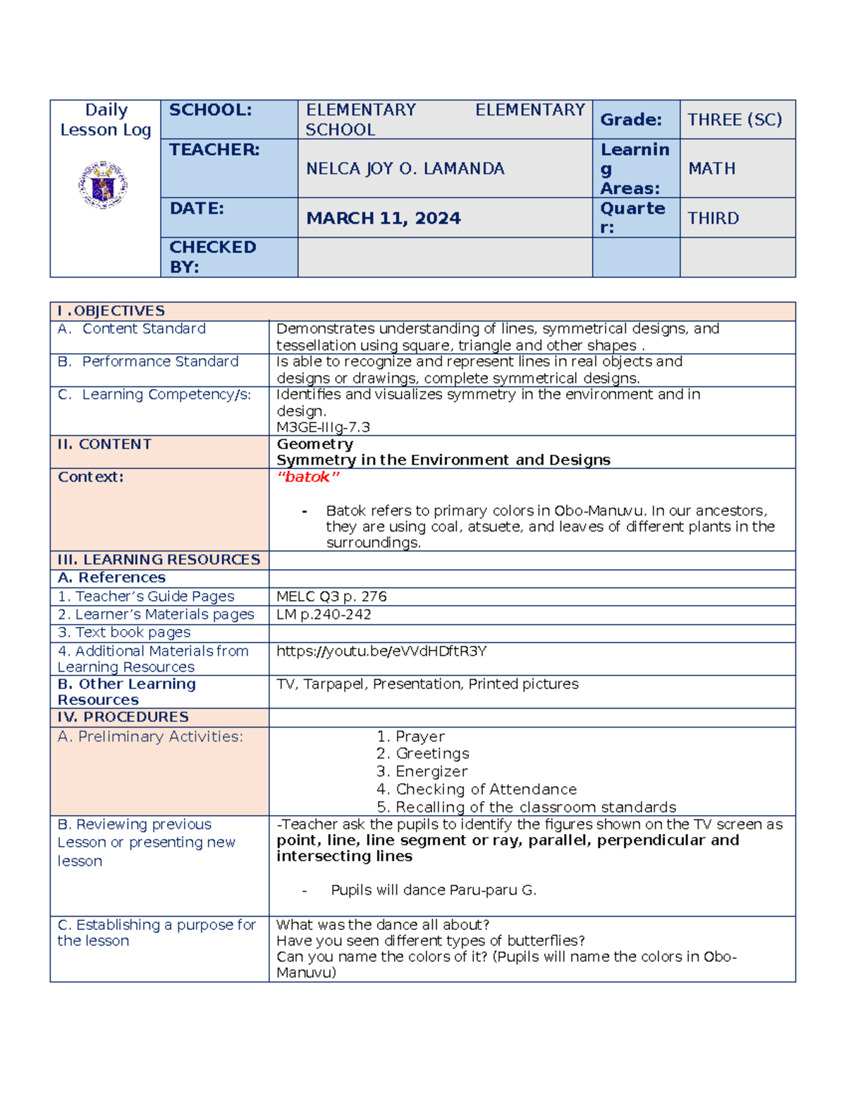 CO-3 Math Q3 Lesson Log - Symmetry and Geometry in Grade 3 Teaching ...
