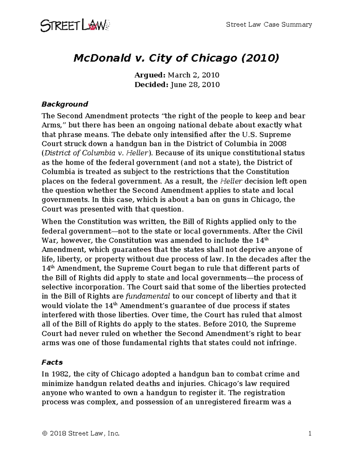 McDonald v. City of Chicago (2010) Case Summary: Final Exam Notes - Studocu