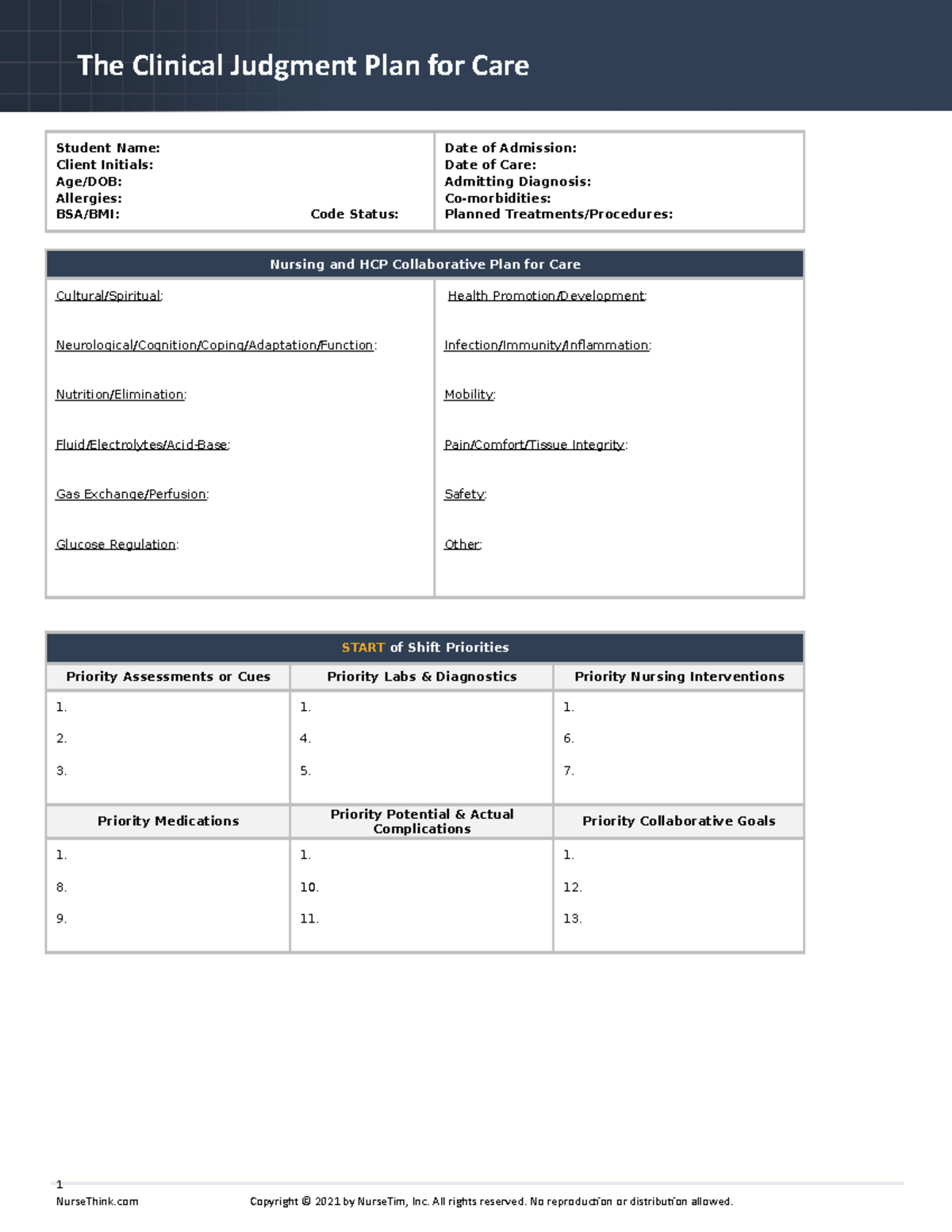 NUR 101 Clinical Judgment Plan for Care Template and Guidelines - Studocu