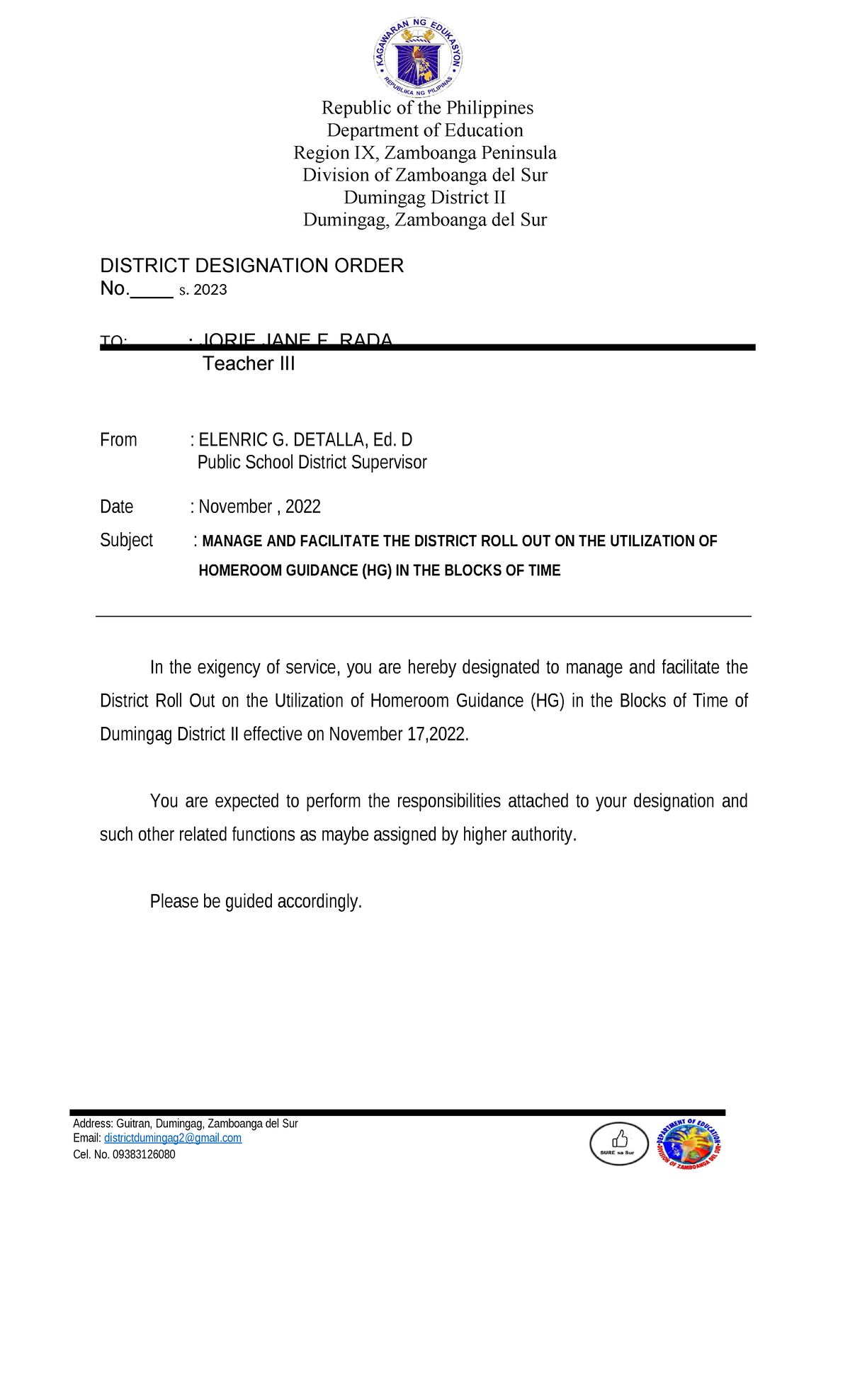 District Designation Order for Educational Roles in Dumingag II - Studocu