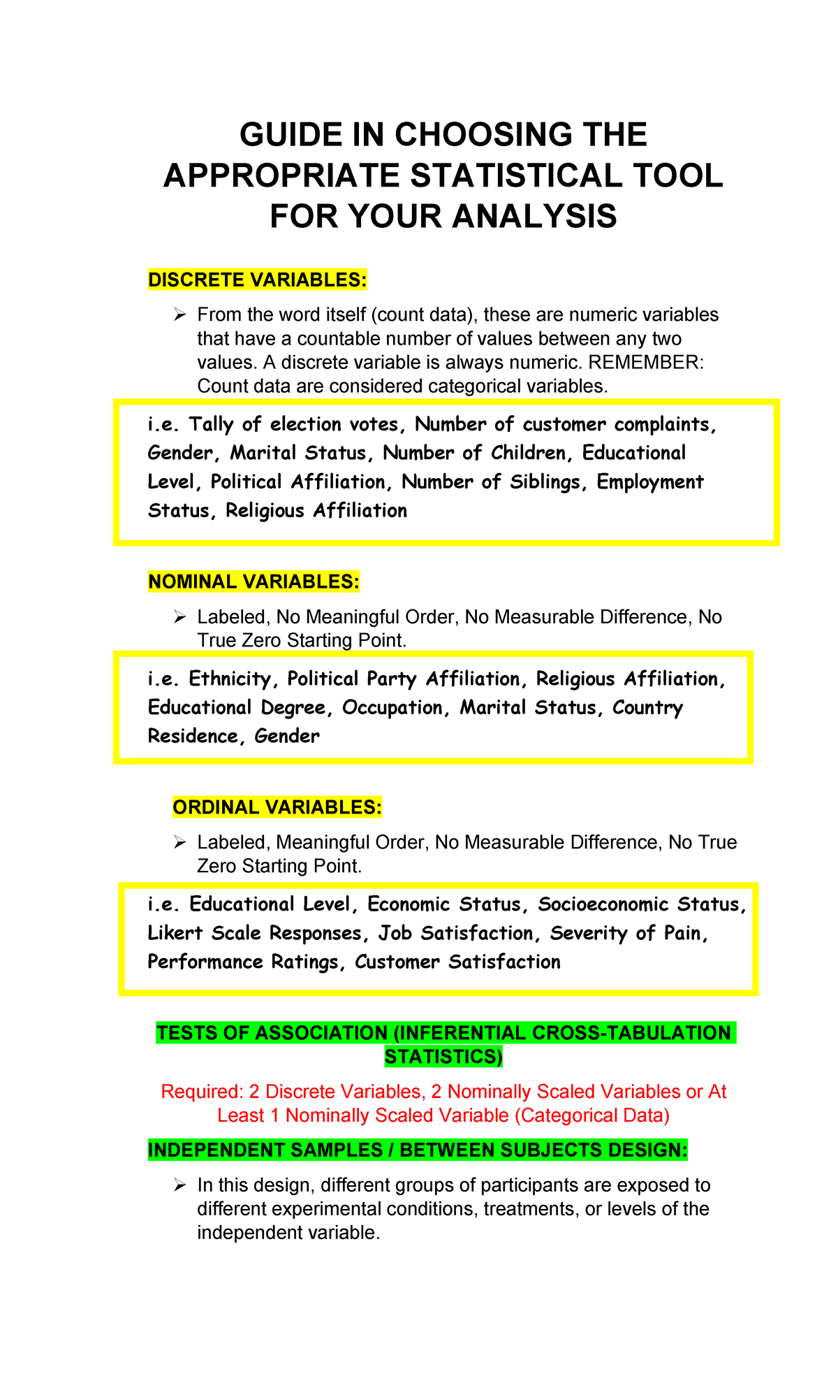 Statistical Tools Psych Stats - GUIDE IN CHOOSING THE APPROPRIATE ...