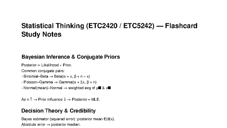 Statistical Thinking Flashcards (ETC2420 ETC5242): Bayesian Inference ...