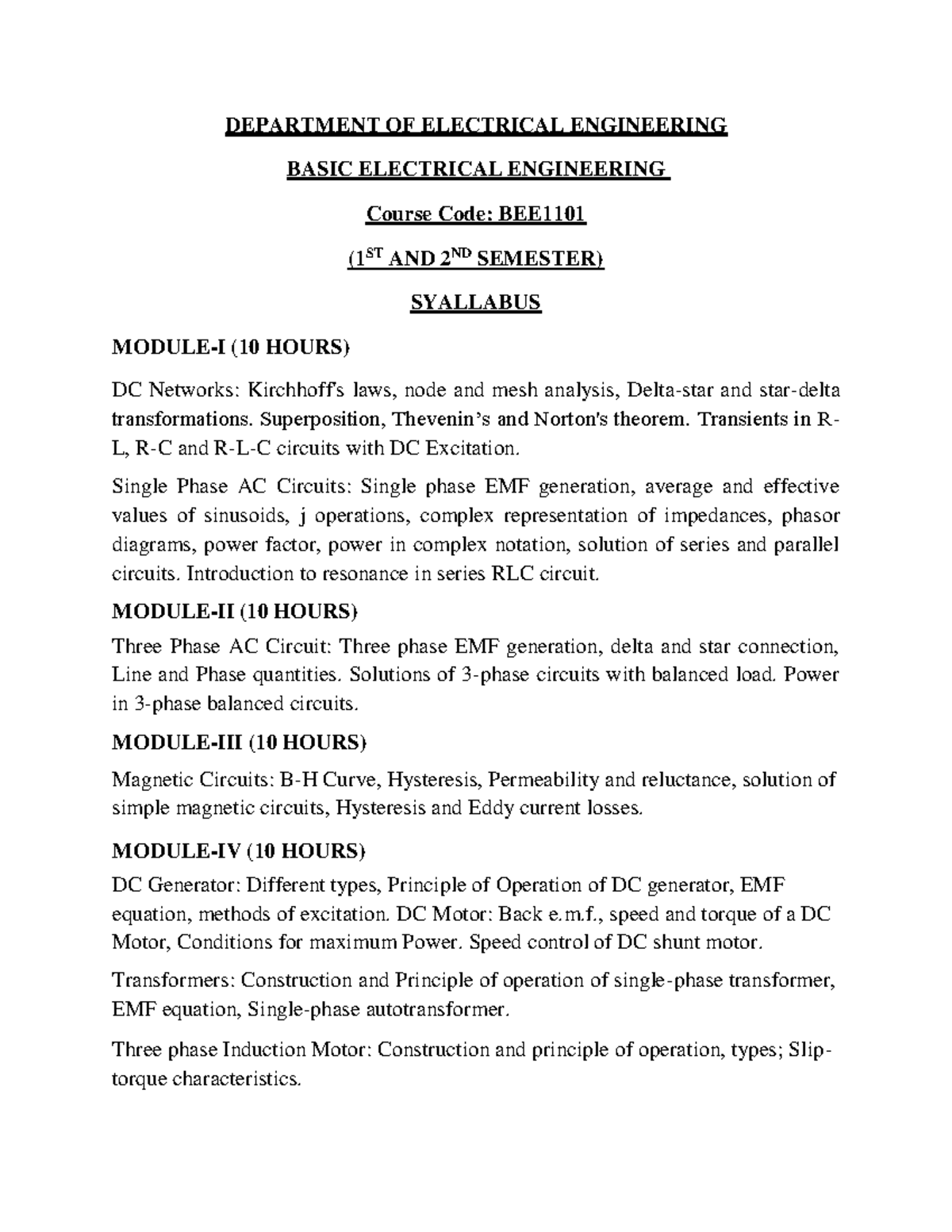 BEE1101 Basic Electrical Engineering Syllabus Overview and Key Concepts ...
