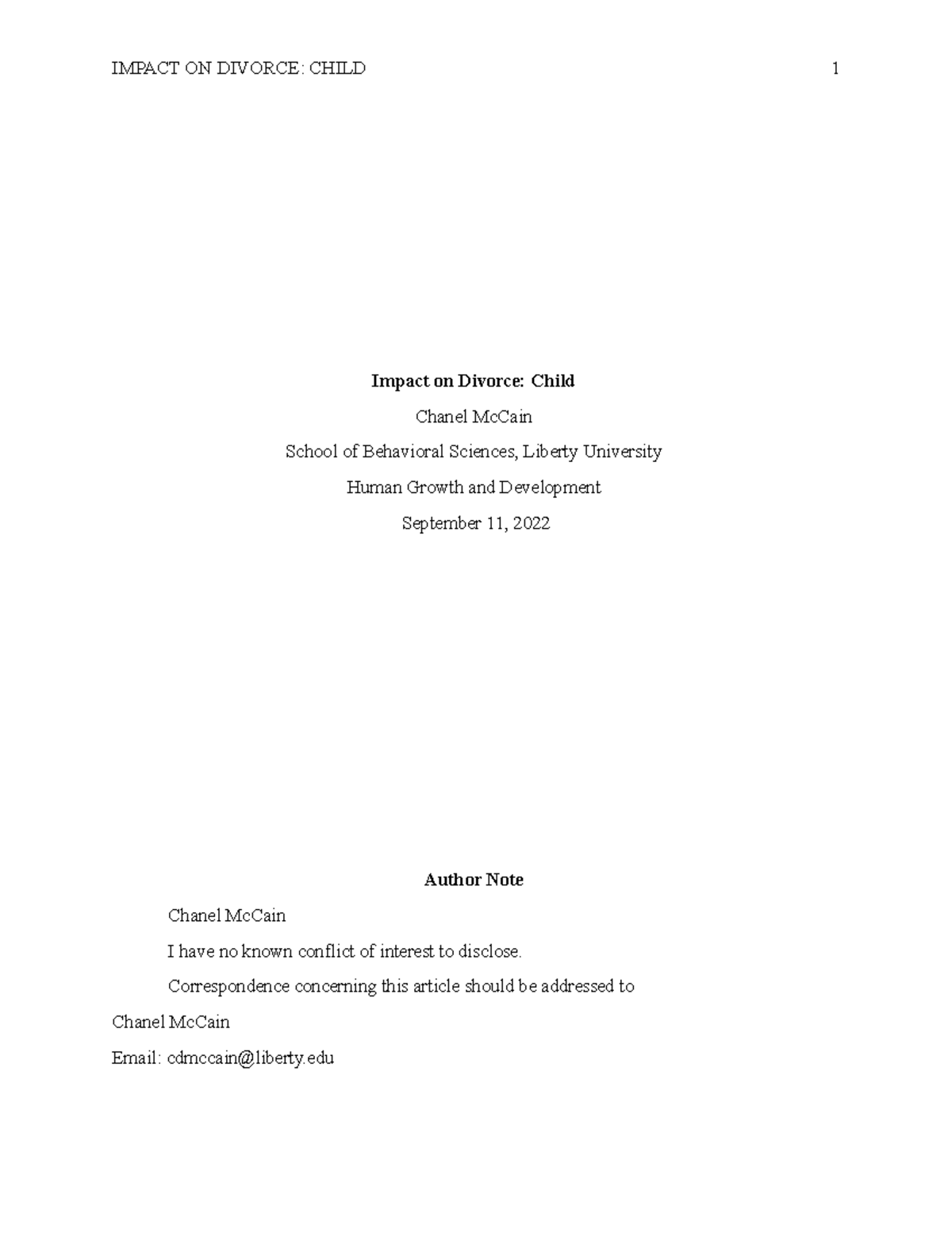 Impact paper - Impact on Divorce: Child Chanel McCain School of ...