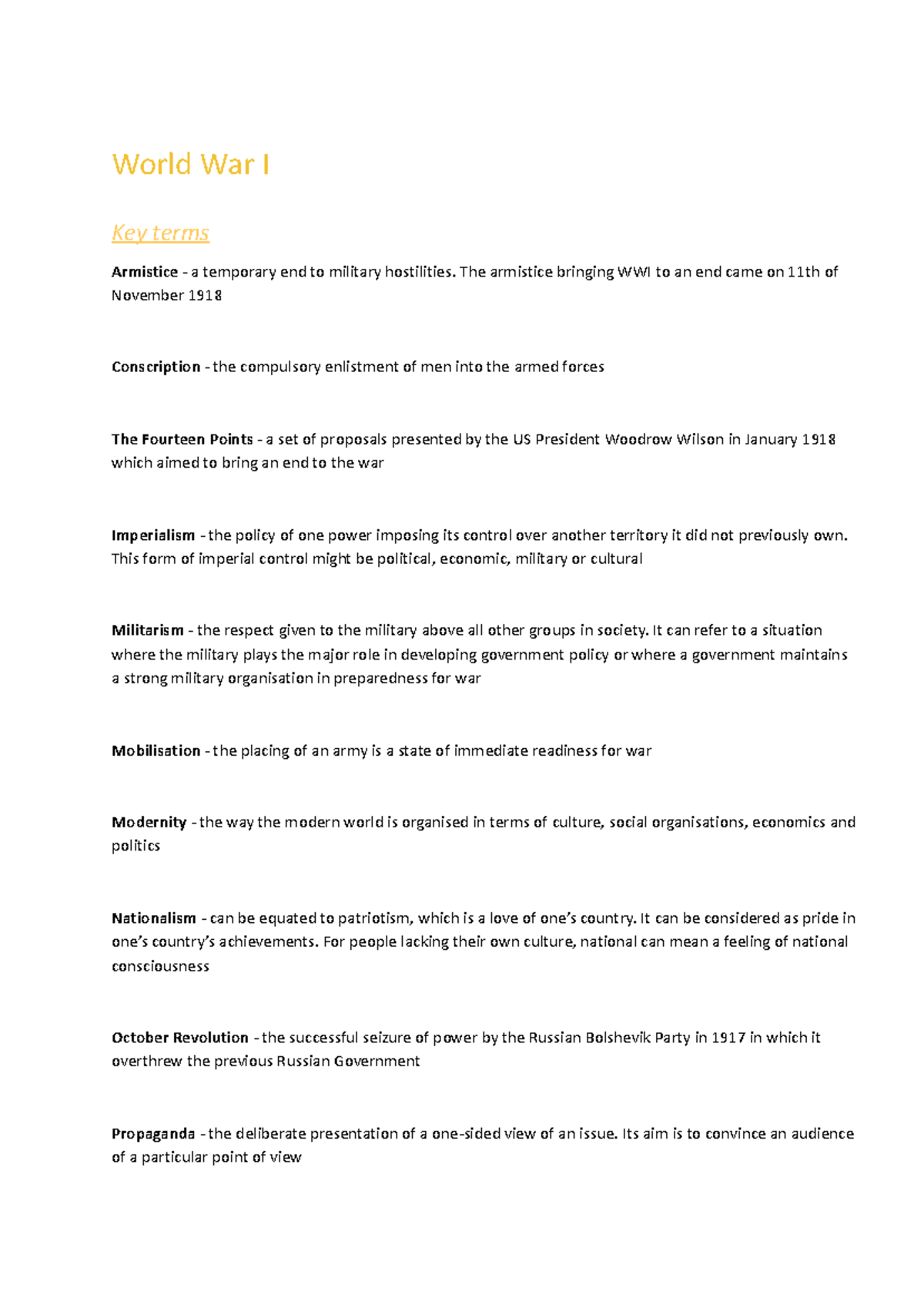 Year 11 Modern History: Key Terms of World War I - Studocu