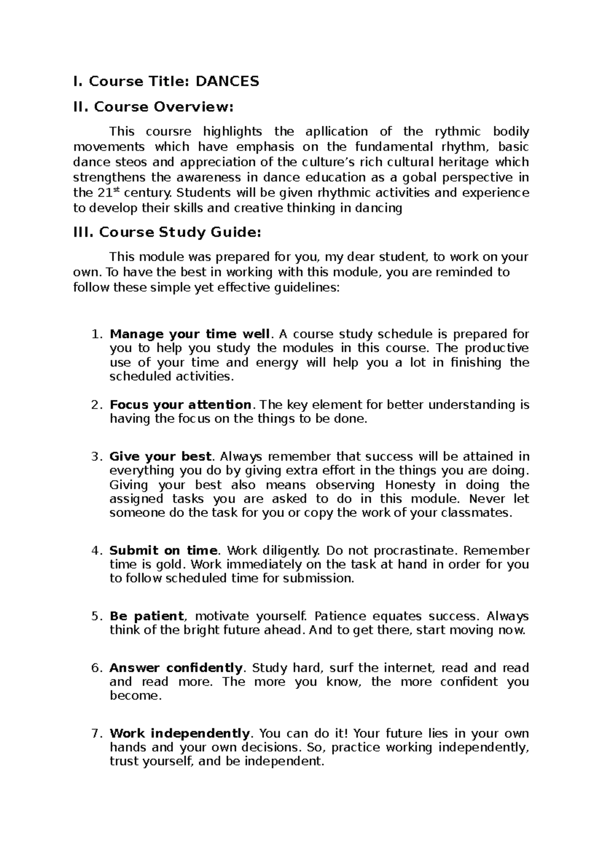 PE 103 Dances Module Midterm - I. Course Title: DANCES II. Course ...