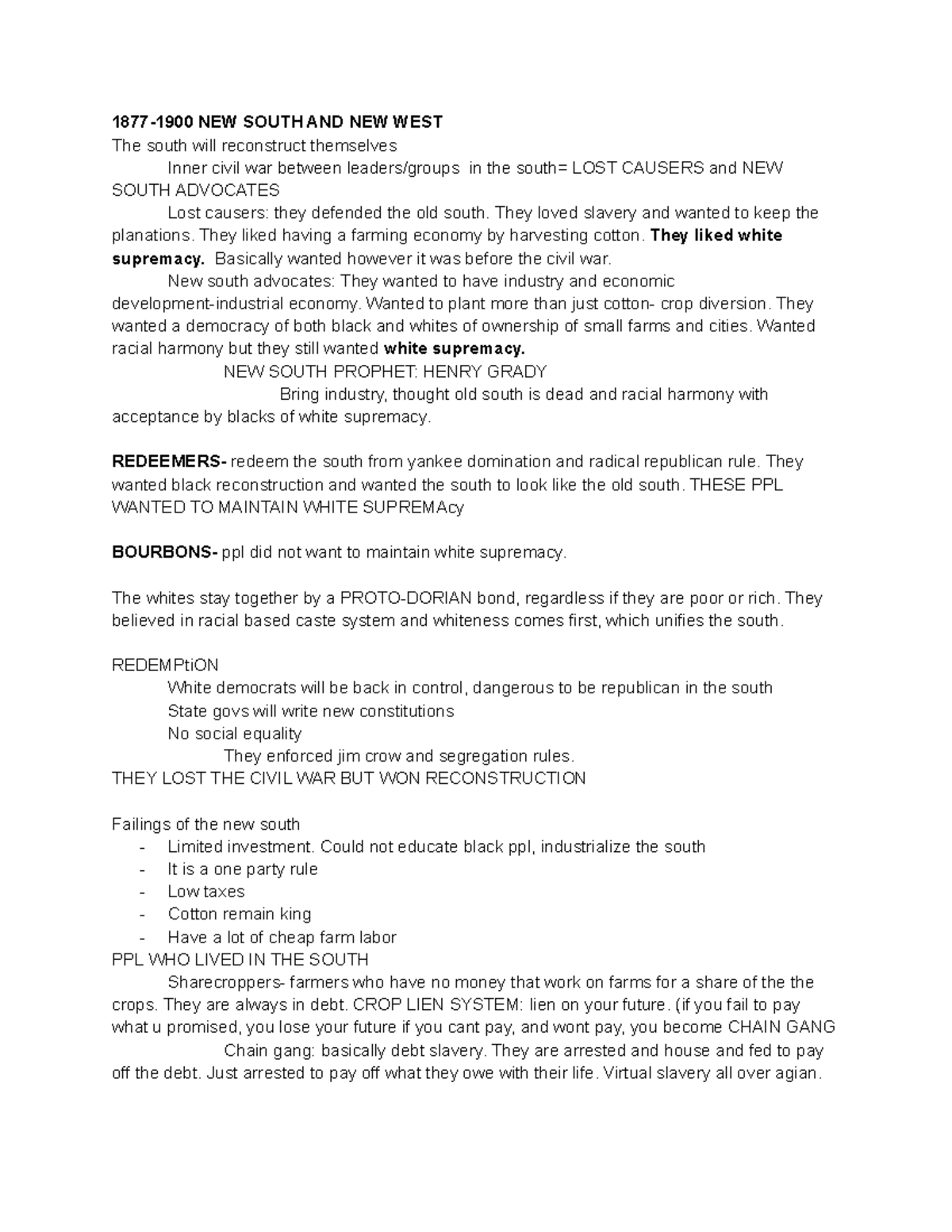 Ch 18 Notes: The New South & New West (1877-1900) Overview - Studocu