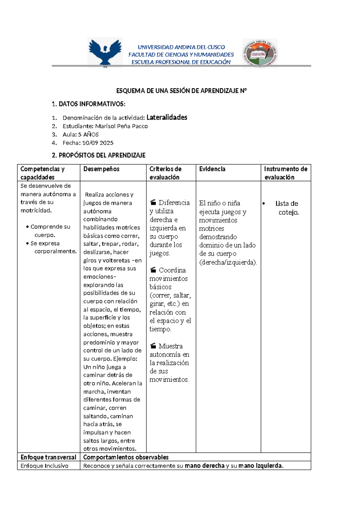 Esquema de Sesión de Aprendizaje: Lateralidades - 5 AÑOS - Studocu