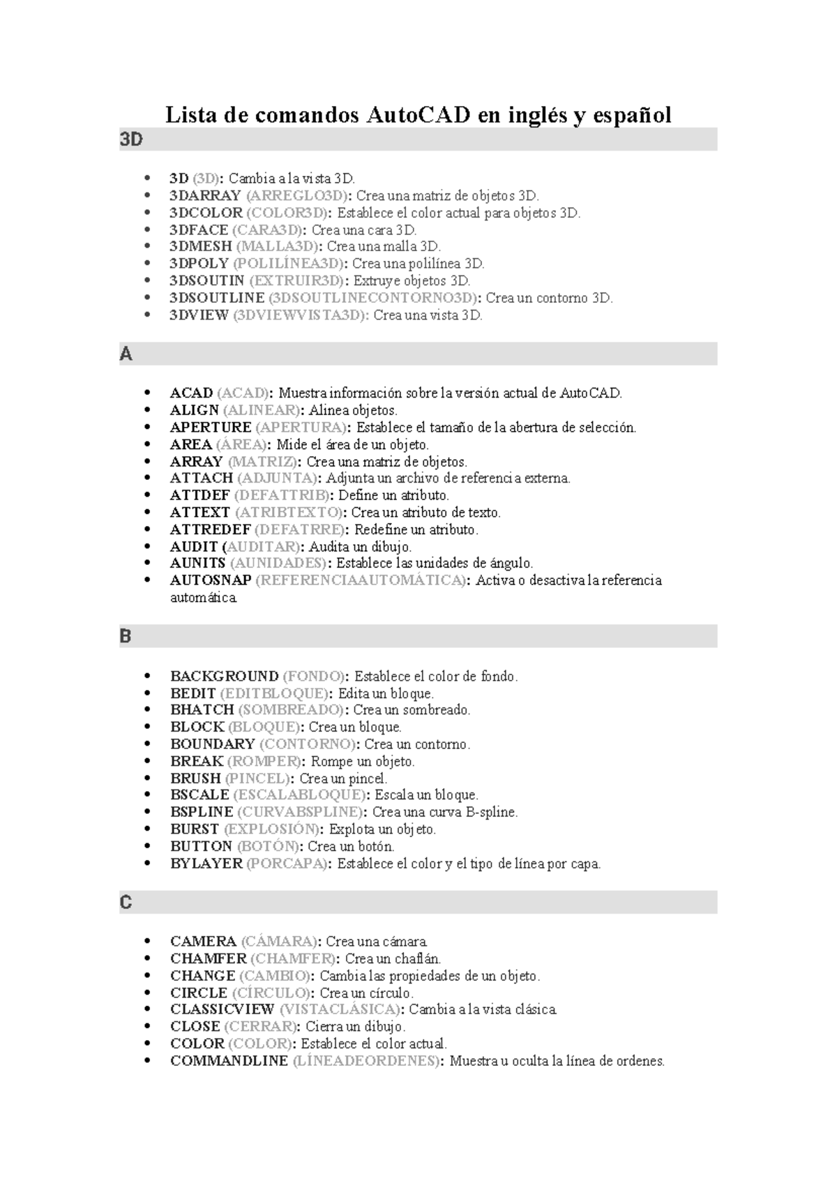 Lista de comandos de AutoCAD en inglés y español: guía completa - Studocu