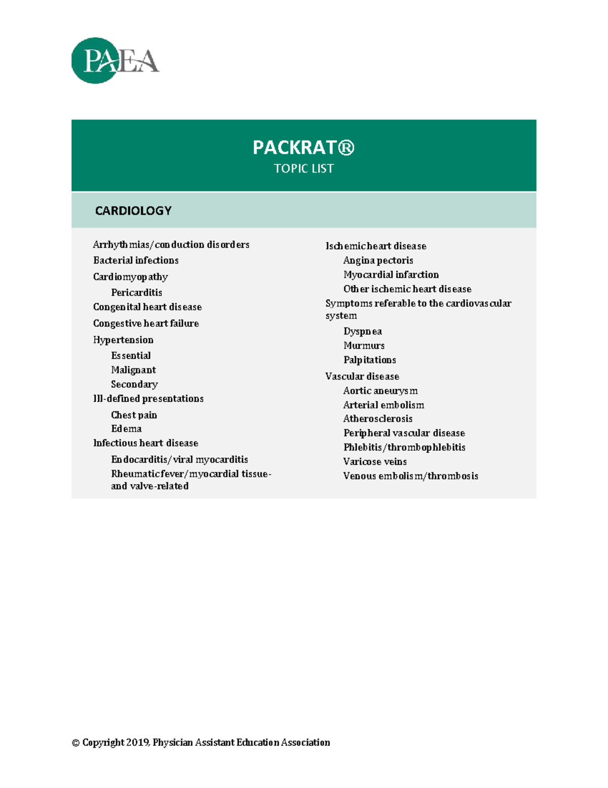 Packrat Topic List 2019: Comprehensive Guide for PA Exam Prep - Studocu