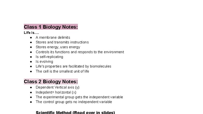 Fundamentals of Biology: Class Notes & Key Concepts (Classes 1-6) - Studocu