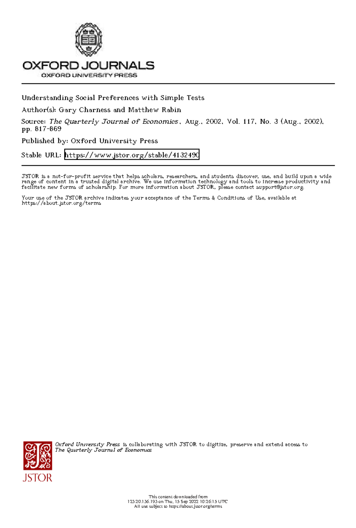 Charness Rabin(QJE2002 ) Understanding Social Prefs Simple Tests ...