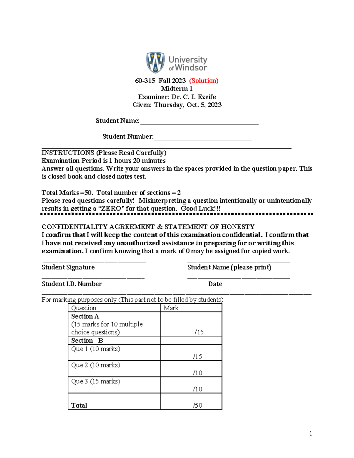 Midterm 1sln 2023f - 60 - 315 Fall 2023 (Solution) Midterm 1 Examiner ...