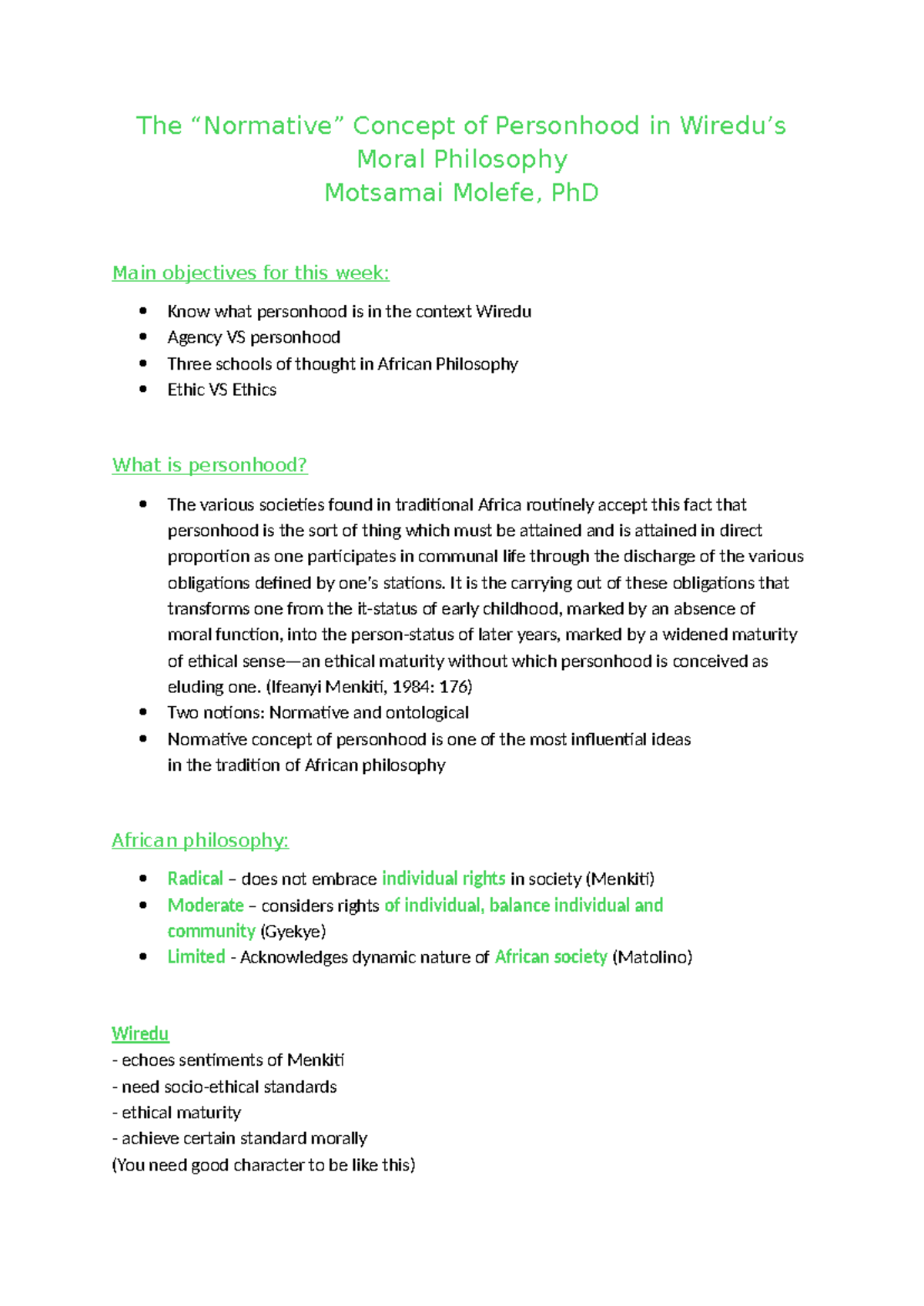 Week 4 Lecture Notes: Personhood in African Moral Philosophy (PHIL 101 ...