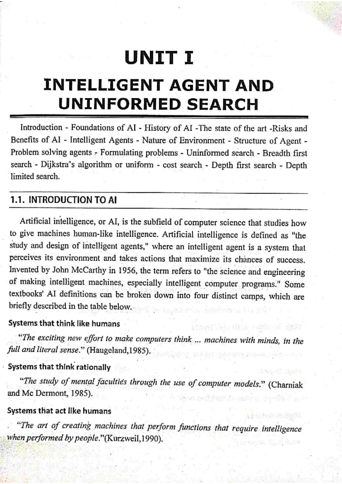 OCS351 AIML Unit 1: Intelligent Agents and Uninformed Search ...