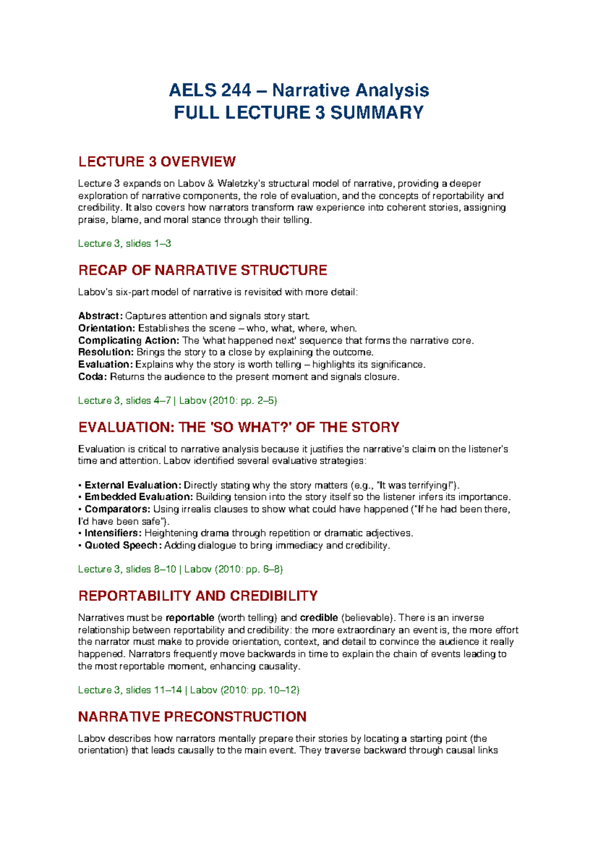 AELS 244 Lecture 3: In-Depth Narrative Analysis Summary - Studocu