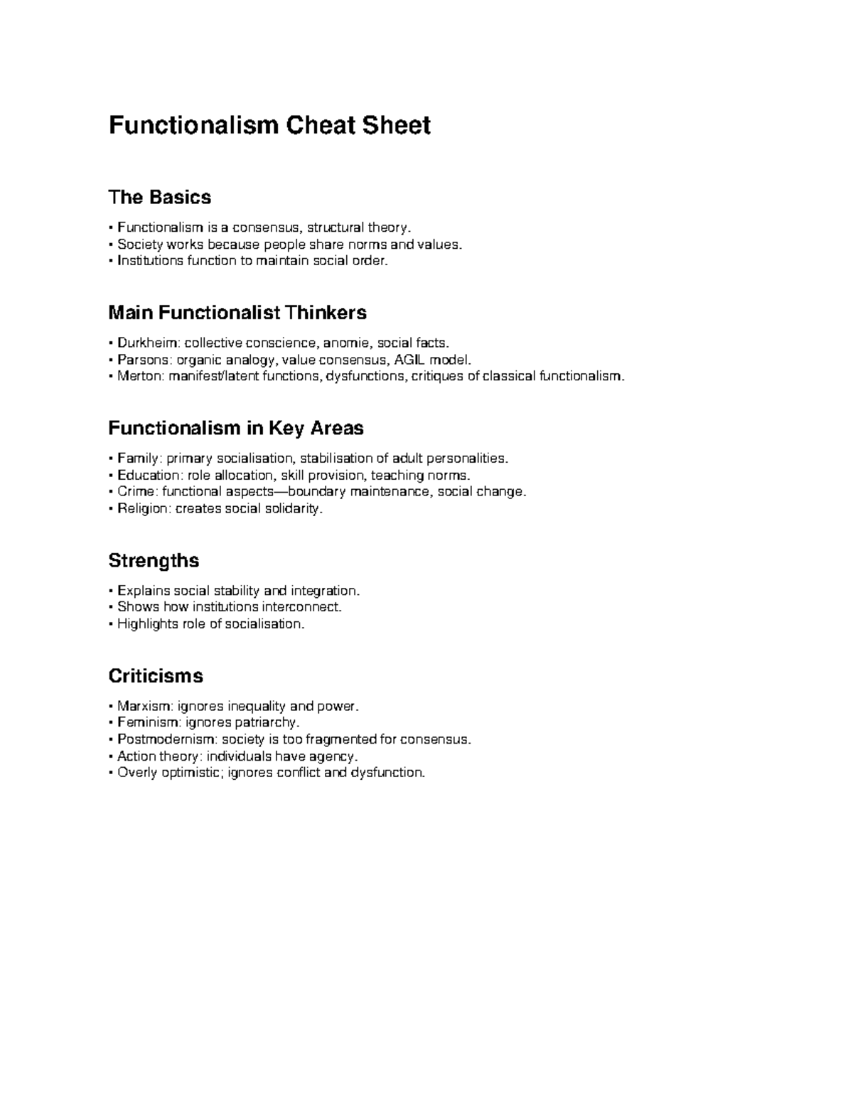 Functionalism Cheat Sheet: Key Concepts & Thinkers Overview - Studocu