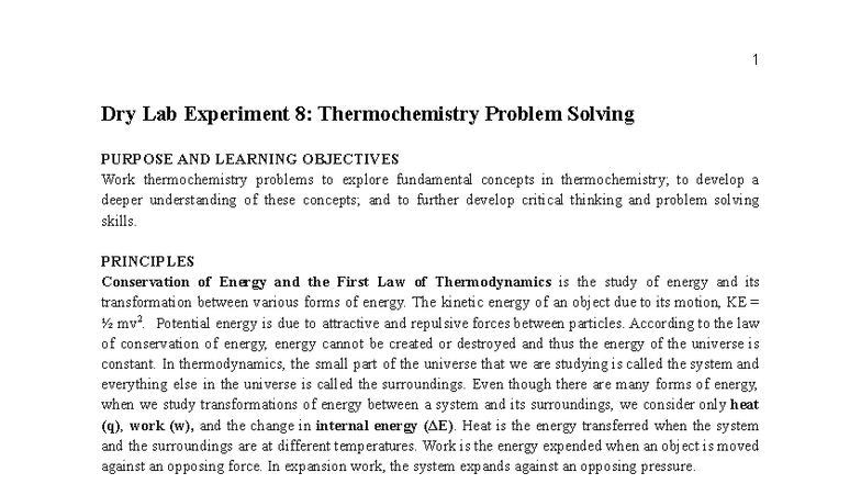 Dry Lab Experiment 8: Thermochemistry Problem Solving for CHEM2AL - Studocu