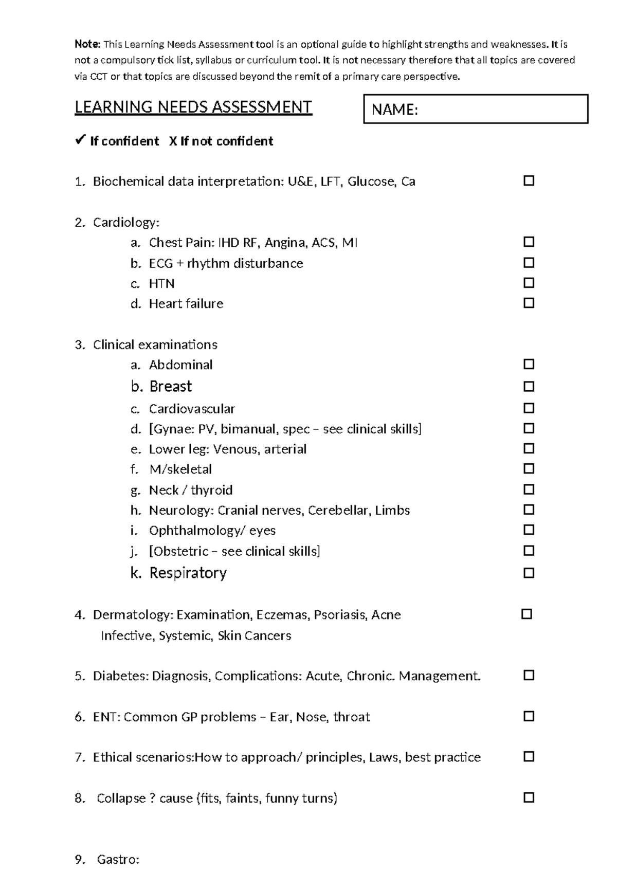 Learning Needs Assessment: Student Prompt Checklist for Primary Care ...