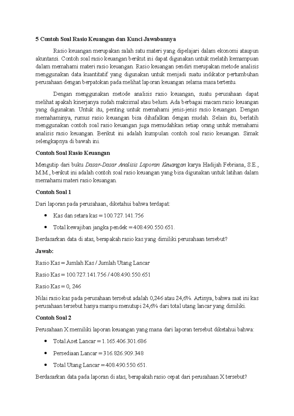 Contoh Soal & Kunci Jawaban Rasio Keuangan (Ekonomi/AKT 2023) - Studocu