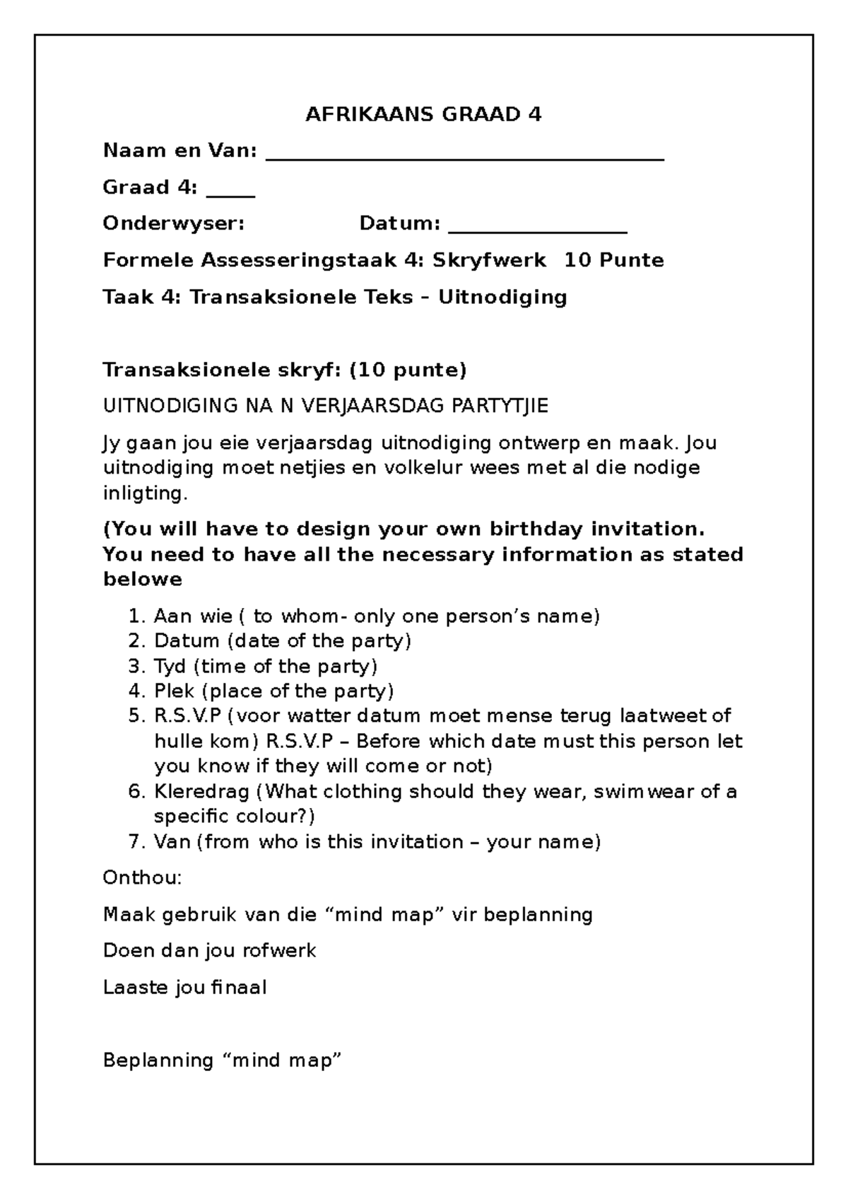 Graad 4 Formele Assessering Kwartaal 2: Uitnodiging Ontwerp - Studocu