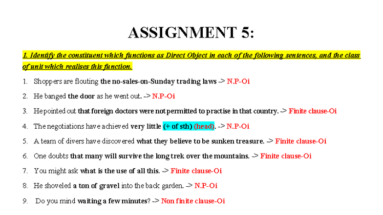 Assignment 5: Identifying Direct Objects and Complements in Sentences - Studocu