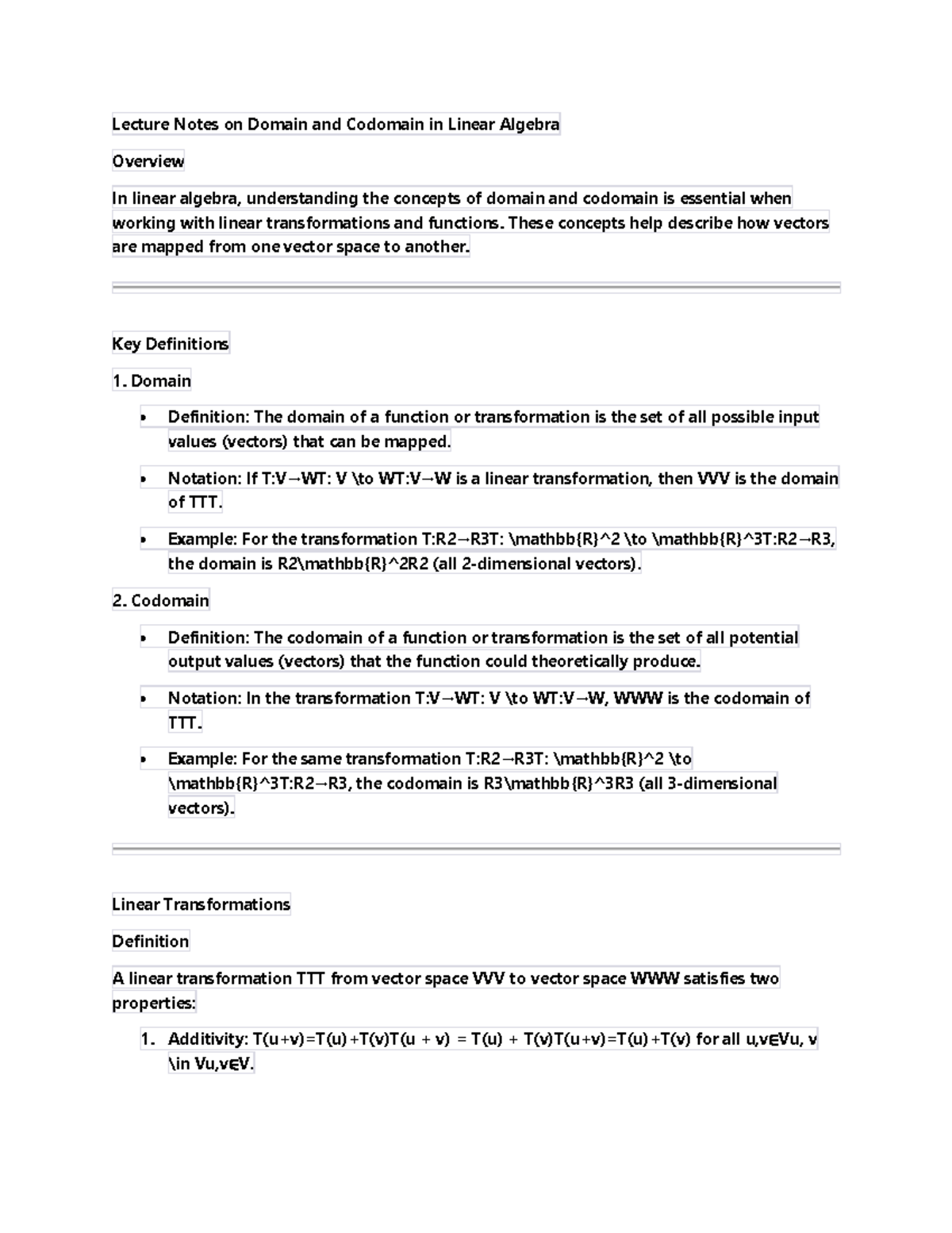 Lecture Notes: Domain and Codomain in Linear Algebra (MATH 201) - Studocu