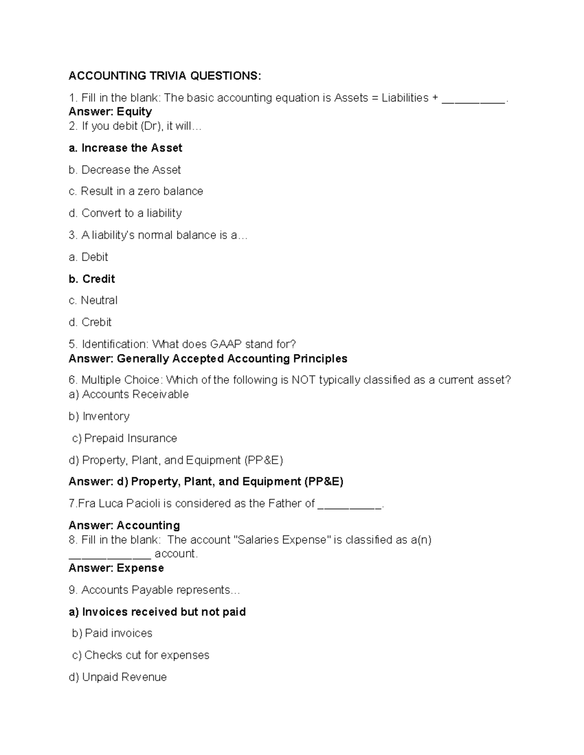 Accounting Trivia Questions: Key Concepts and Definitions - Studocu