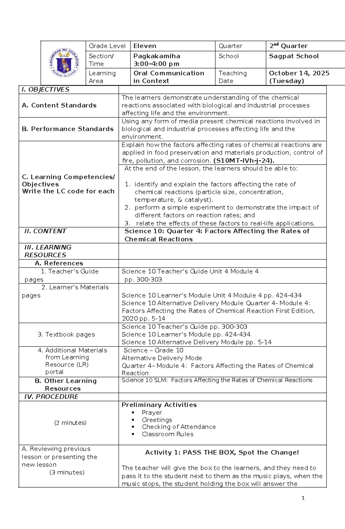 Grade 10 Science Lesson Plan: Factors Affecting Reaction Rates - Studocu