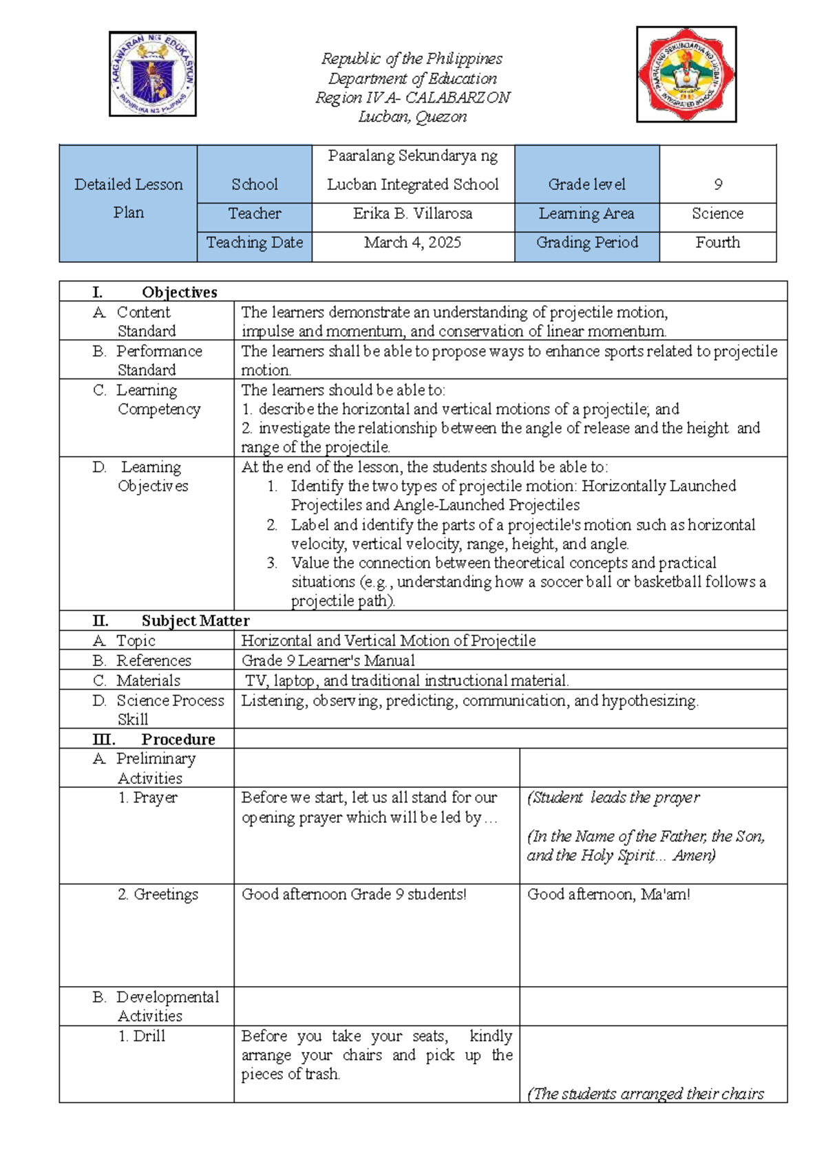 Grade 9 Science Lesson Plan: Understanding Projectile Motion - Studocu