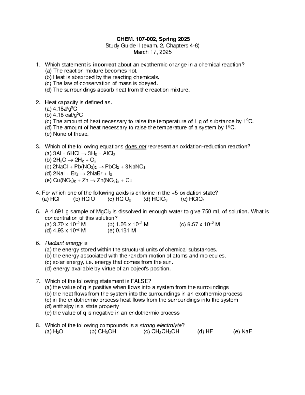 CHEM. 107-002 Spring 2025 Study Guide II: Exam 2 (Chapters 4-6) - Studocu