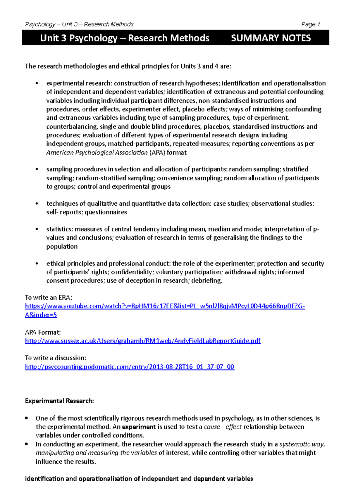 PSY - Research Methods Summary Notes - Unit 3 Psychology – Research ...