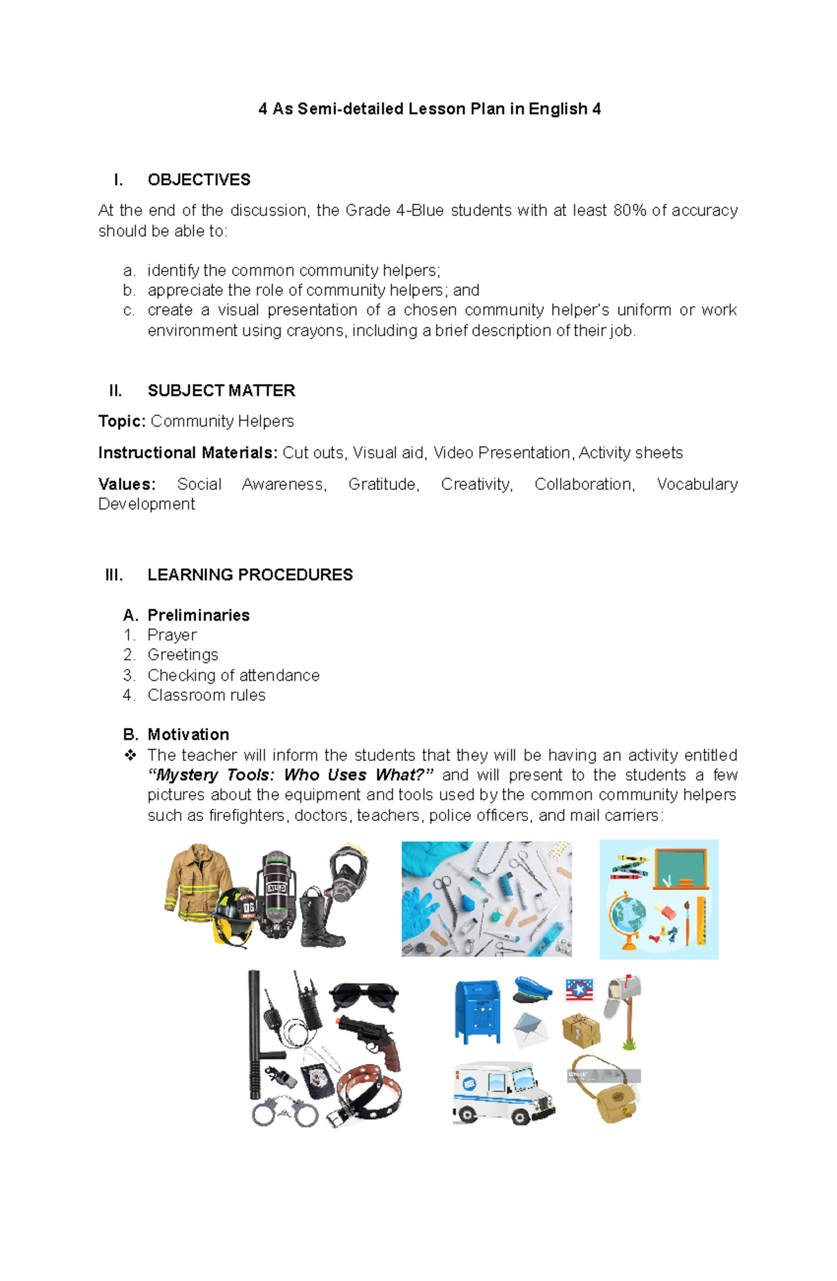 4 As Semi-Detailed LP: Community Helpers Lesson Plan for English 4 ...