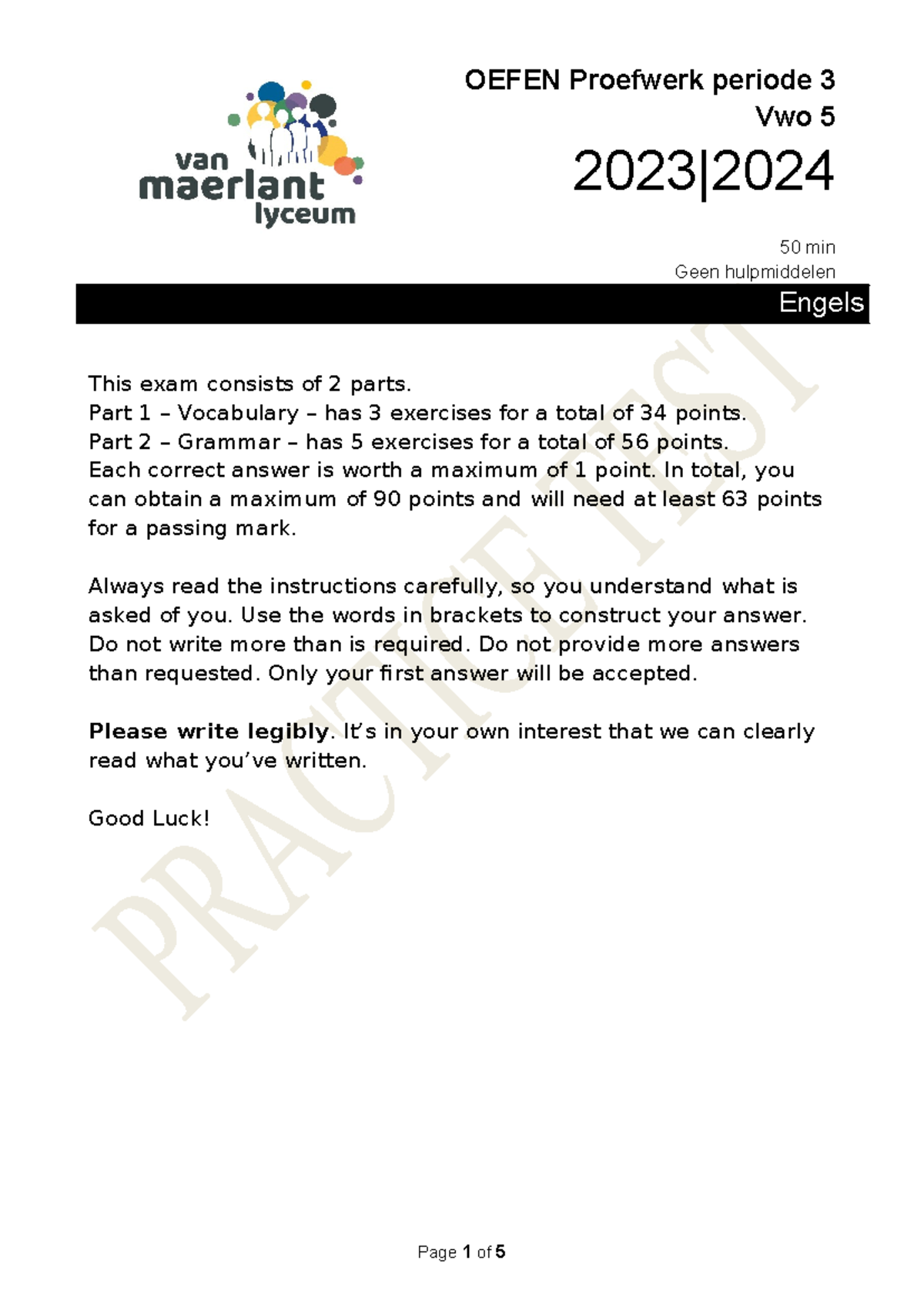 V5 - 2023-2024 - Oefen Proefwerk Engels - Grammar & Vocabulary Exam ...