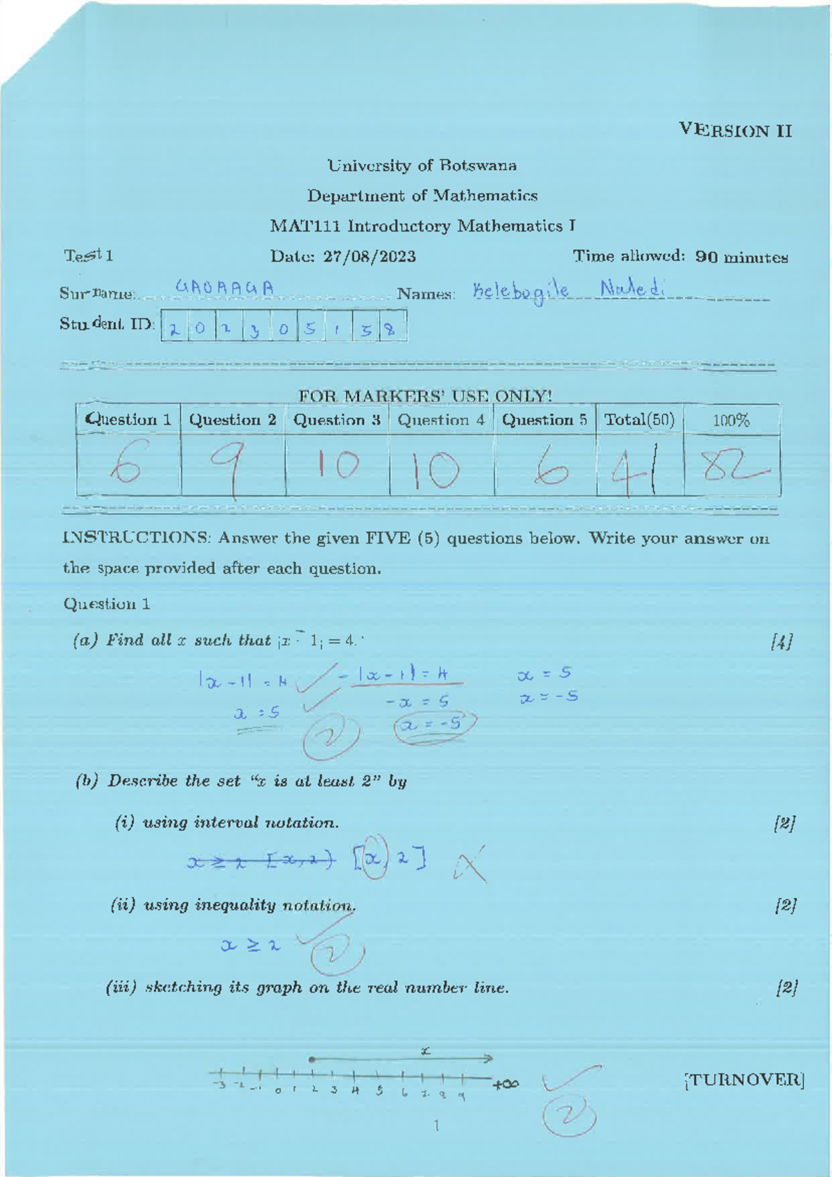 Math 111 Test 1 - Introductory Mathematics I (Version II) - Studocu