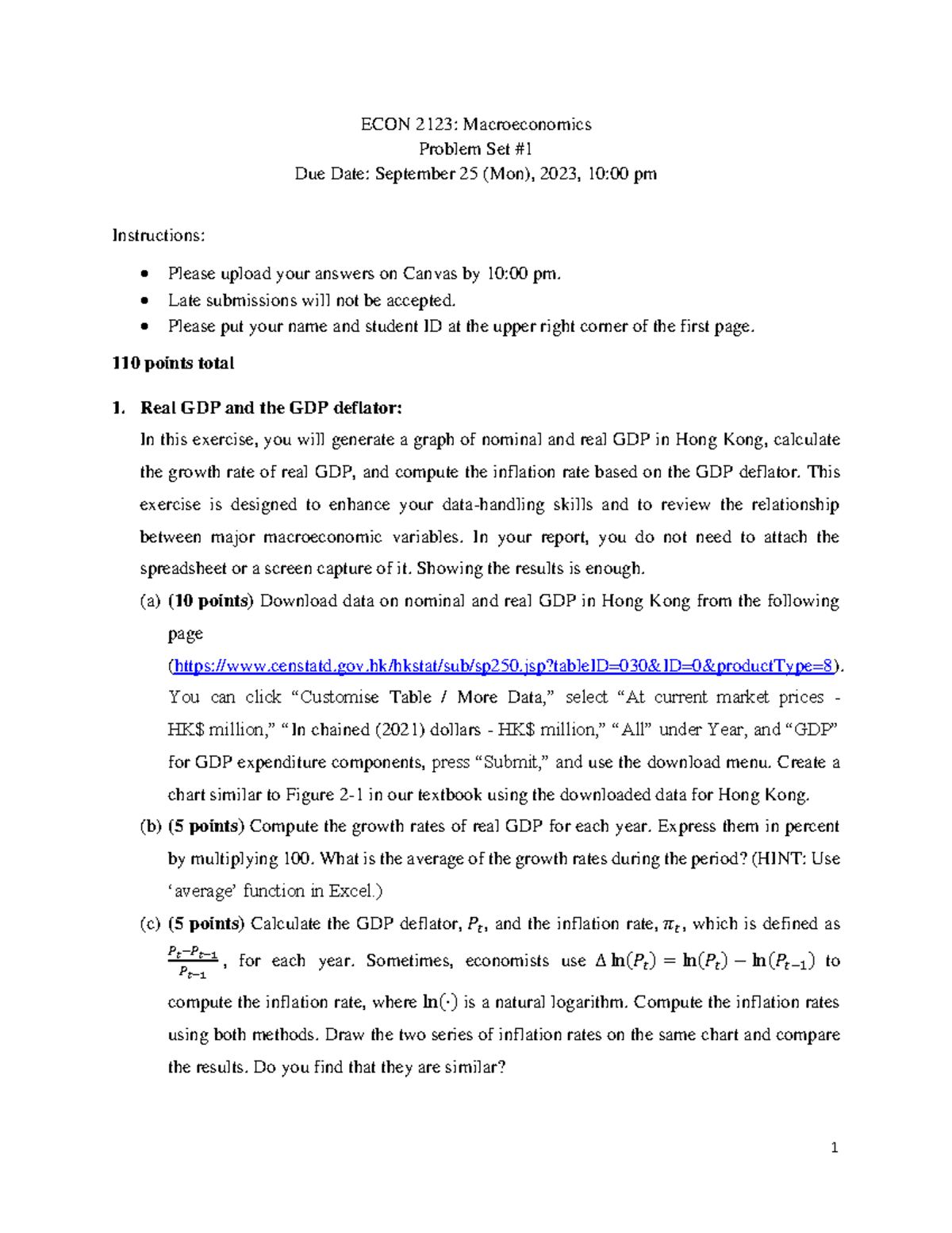 macro_problem set 1 - 1 ECON 2123: Macroeconomics Problem Set # Due ...
