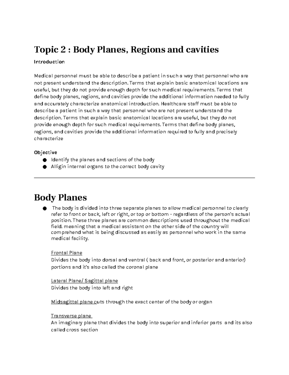 Body Planes, Regions, and Cavities: An Anatomical Overview (MED 101 ...