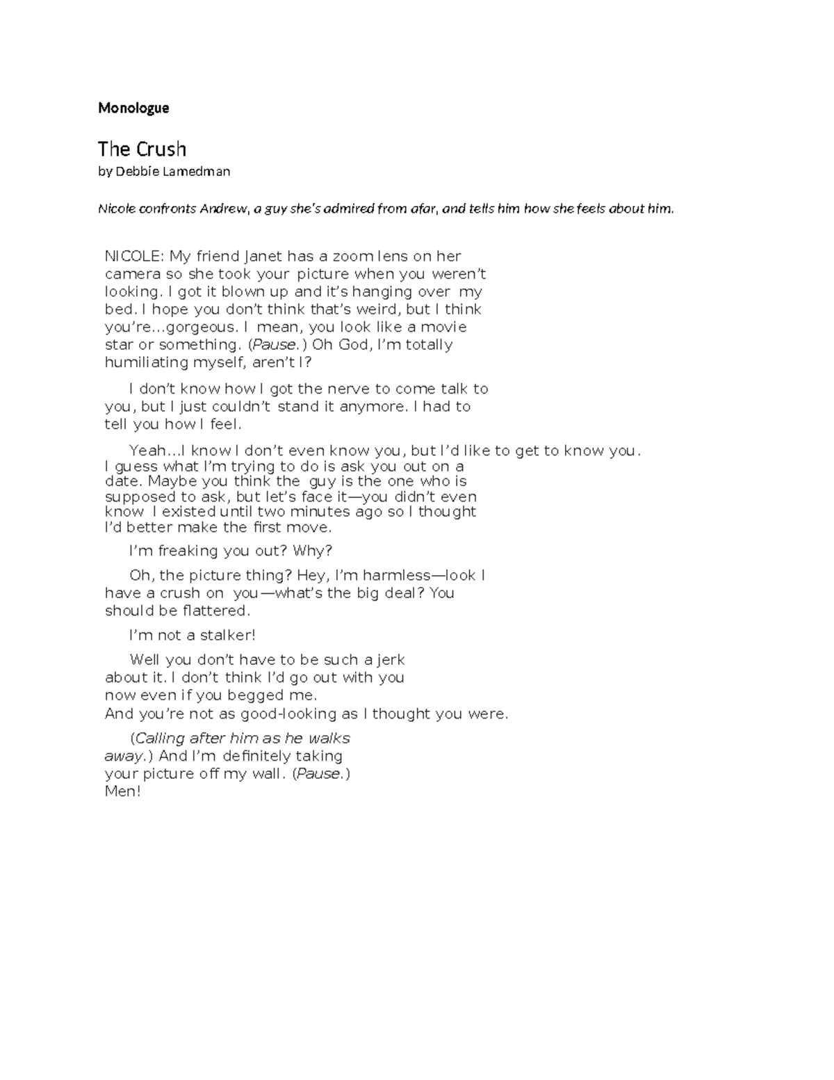 Monologue on the Crush: Confronting Feelings for Andrew - Studocu