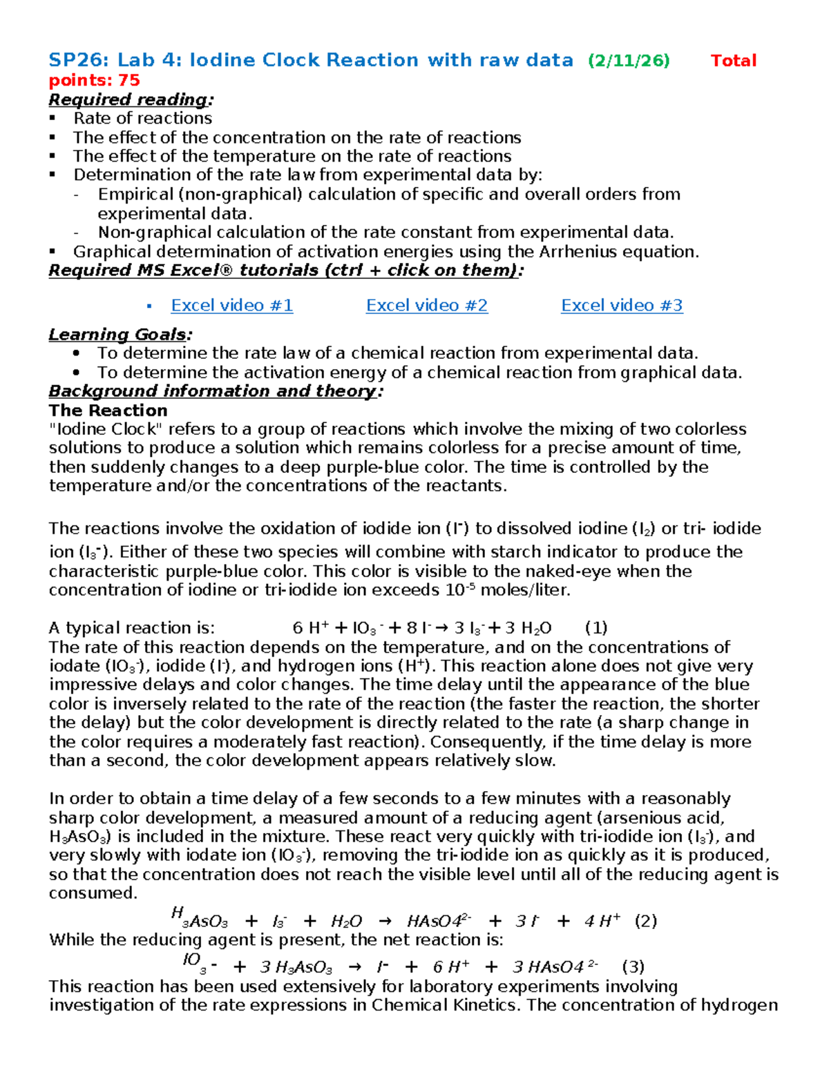 SP26: Lab 4 - Iodine Clock Reaction & Rate Law Analysis - Studocu