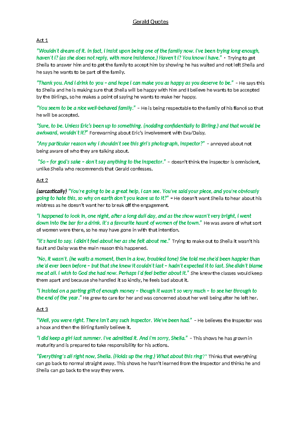 Gerald Quotes Analysis from "An Inspector Calls" (Act 1-3) - Studocu