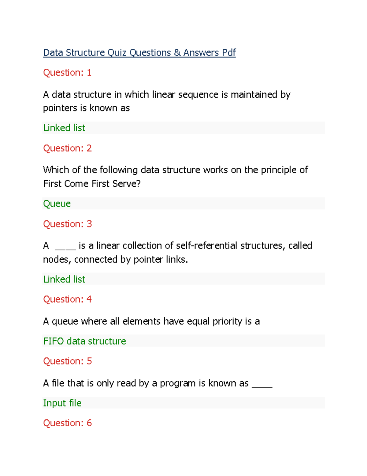 Data structure quiz questions answers - Data Structure Quiz Questions ...
