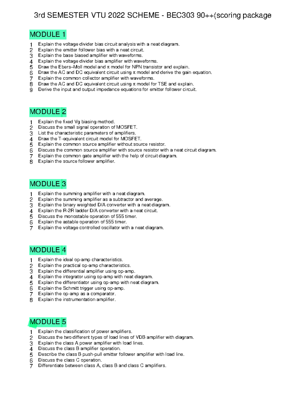 BEC303 3rd SEMESTER VTU 2022 SCHEME All Modules Question Package - Studocu